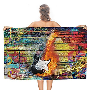 Brebasf Abstract Colorful Guitar Oversized Lightweight,Extra Large Soft Beach Towels Music Note Colorful Woodern Board Jazz Music Sauna Beach Gym,51W x31L