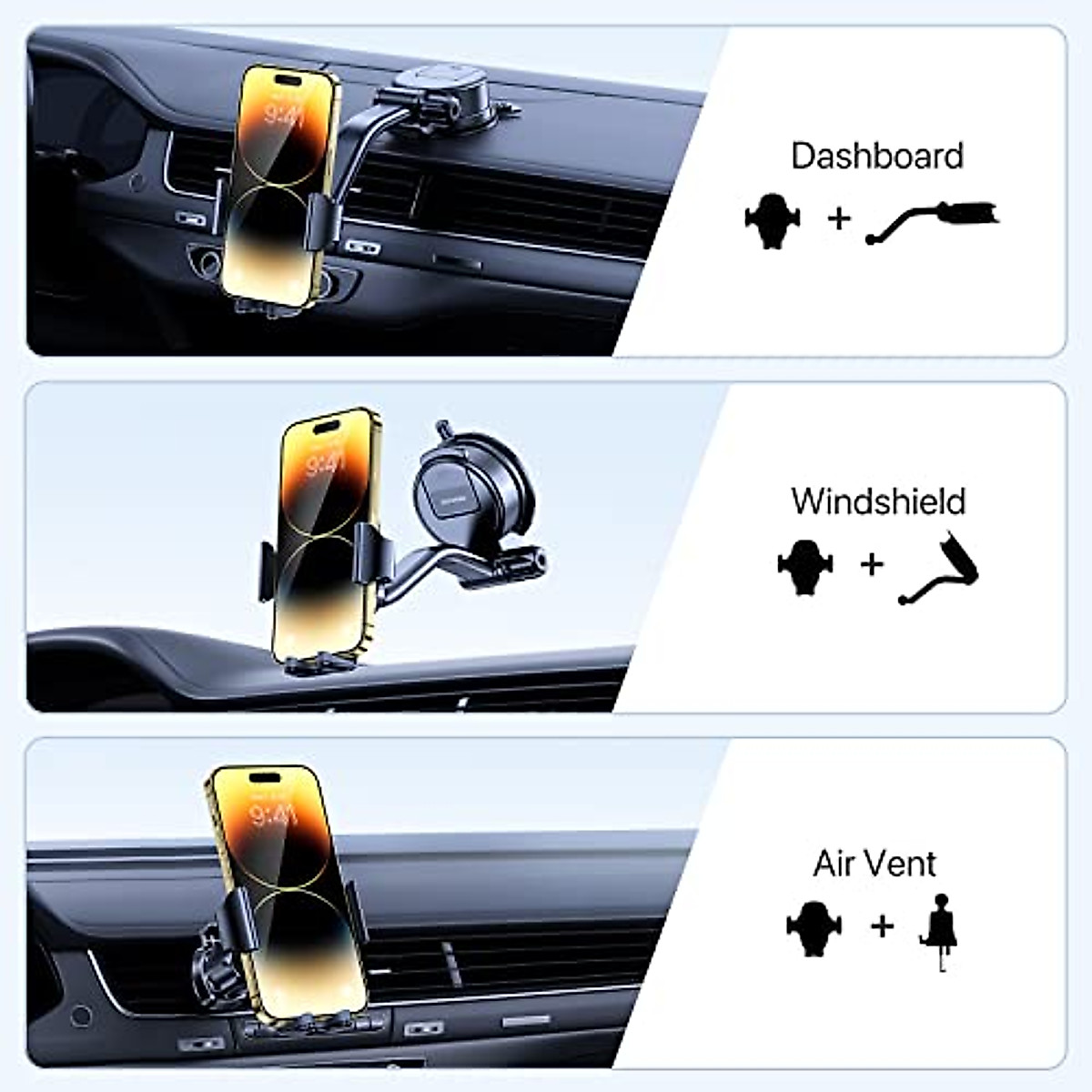 Miracase Phone Mount for Car, [Strong Suction] Universal 3 in 1 Car Phone Holder Mount for Dashboard Windshield Air Vent Compatible with iPhone 14 13 12 11 Pro Max Mini All Mobile Phones