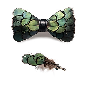 RBOCOTT Green Feather Pre-tied Bow tie Leather Bowtie and Brooch Sets for Men(6)