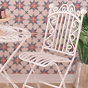 Metal Doll House Bistro Set, White Miniature Doll House Table and Chairs Set, 1/12 Scale Miniature Patio Set Fairy Garden Furniture Ornaments Micro Decor A