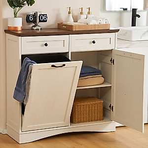 AHB 13 Gallons Tilt Out Trash Cabinet Kitchen Wood Trash Can Cabinet with Hideaway Drawers Freestanding Hidden Garbage Recycling Cabinet Pet Proof Trash Can for Kitchen Living Room, Antique White