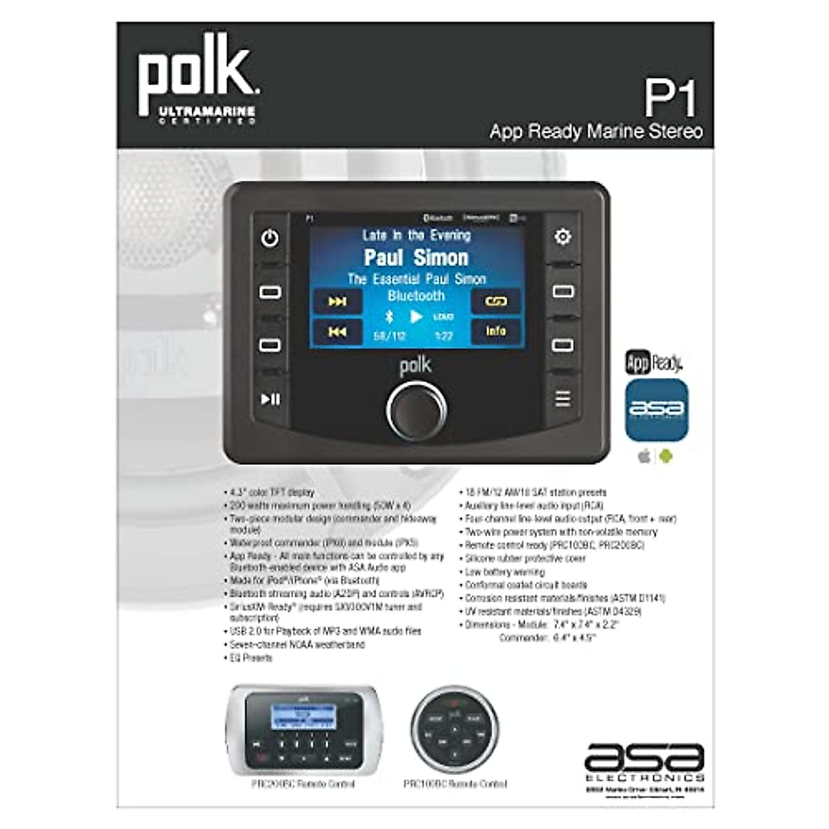 Polk Ultramarine P1 App Ready|Bluetooth| Waterproof Marine Stereo, 4.3" Color TFT Display, 200 Watts Maximum Power Handling (50W x 4), Compatible with iPod/iPhone via Bluetooth (Renewed)