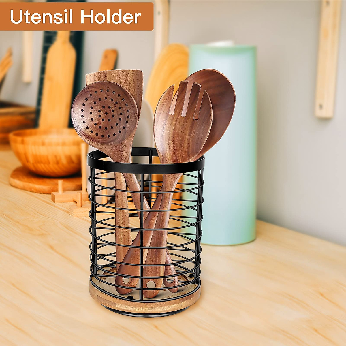 Toosci Utensil Holder for Kitchen Counter, Cooking Utensils Holder, Black Metal+Wooden Base Utensil Holder, Breathable and Easy to Dry+Rotatable+Drainage Holes, Kitchen Countertop Utensil Organizer