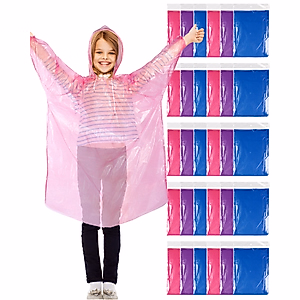 30 Pcs Kids Rain Ponchos Bulk Disposable Rain Ponchos for Kids Emergency Ponchos Disposable Ponchos Pack (Pink, Purple, Blue)