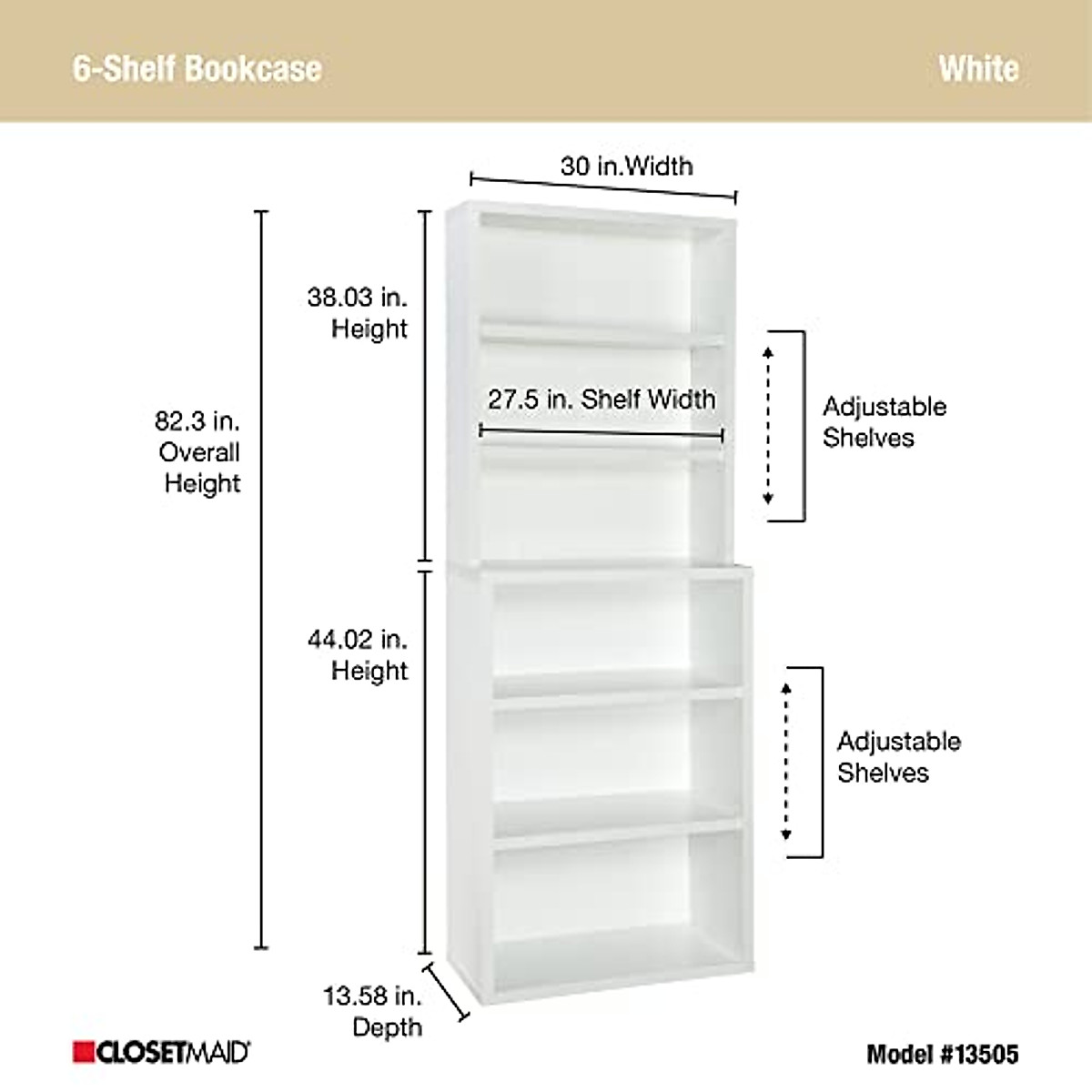 ClosetMaid Bookshelf with 6 Shelf Tiers, Adjustable Shelves, Tall Bookcase Hutch, Sturdy Wood With Closed Back Panel, White Finish