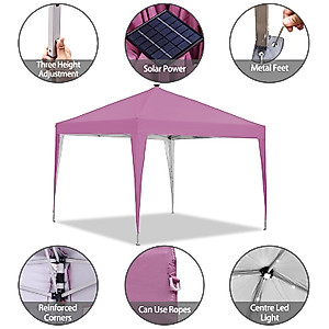 10 x 10 ft Pop-Up Canopy Tent Solar Power Led Light Portable Tailgating Party Tents Pink