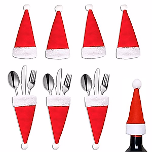 QIUFSSE 30 Pieces Christmas Santa Hat Silverware Holder for Party Christmas Table Decorations Sets Christmas Party Dinner Table Decorations Supplies Flatware Holders Decor