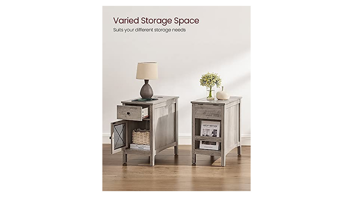 VASAGLE Greige Side Table with USB Ports and Storage