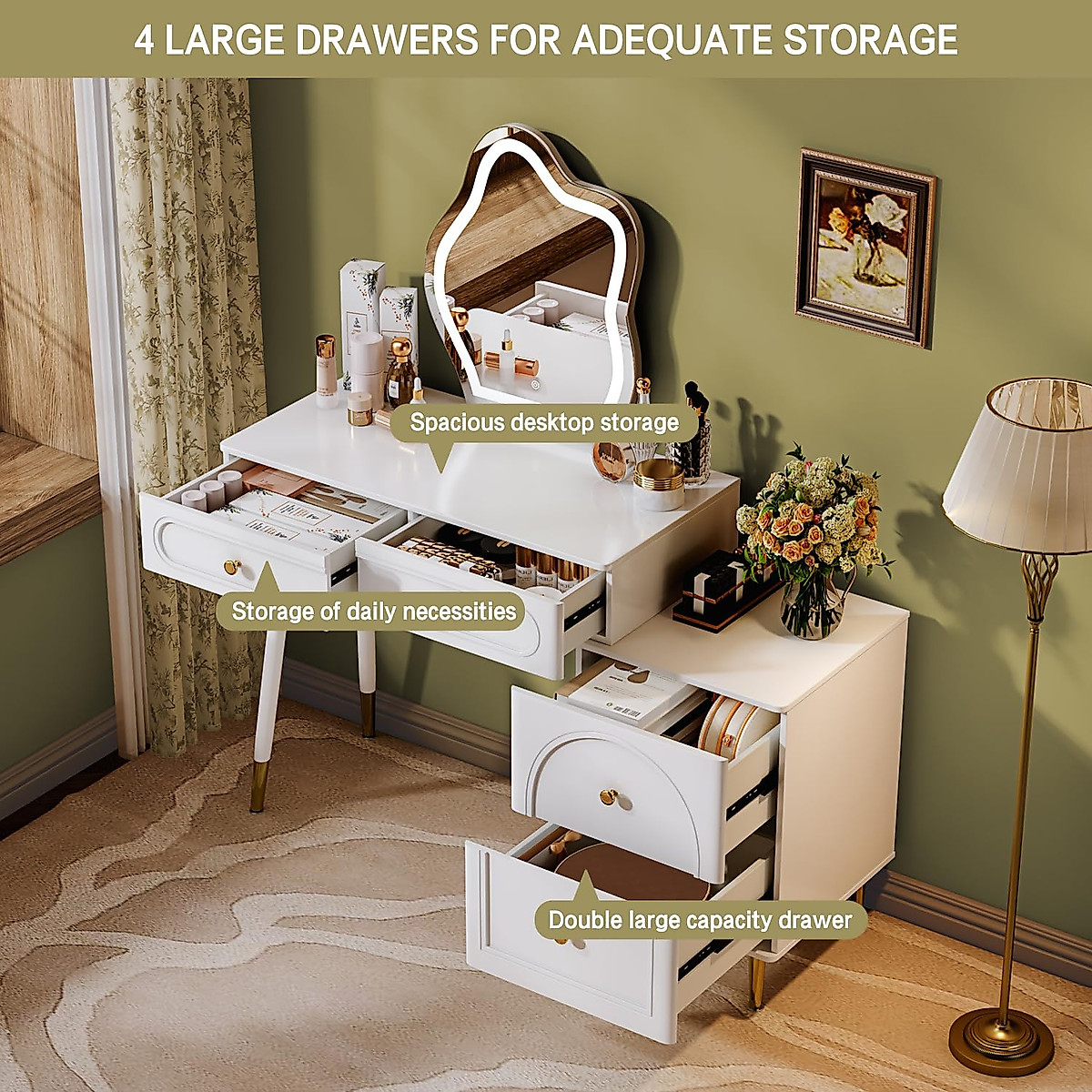 Chrangmay Vanity desk with mirror and lights,Small makeup vanity with 4 drawers,Modern makeup table with Adjustable Cabinet for Bedroom,Makeup Room,Writing Desk,White