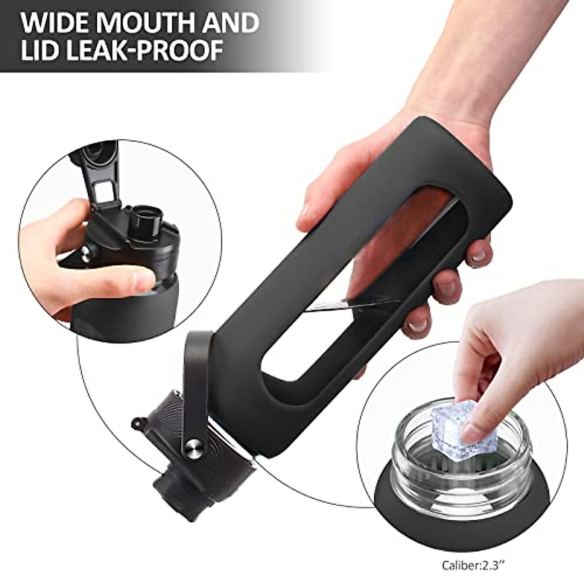 Kodrine Glass Water Bottles with Straw, 32 oz Water Bottle with 2 Lids - Handle Spout Lid & Bamboo Straw Lid, Motivational Water Bottle with Silicone Sleeve, Wide Mouth, Leakproof, BPA Free(Black)