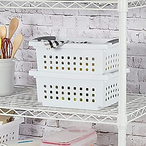 Sterilite Small Plastic Stacking Storage Basket Container Totes w/Comfort Grip Handles and Flip Down Rails for Household Organization, White, 8 Pack