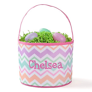 Personalized Chevron Bucket Bag with Custom Name | Orange and Pink Stripped Easter Bag with Handle | Soft Egg Basket for Kids | Customized Easter Basket | Great for Easter Egg Games