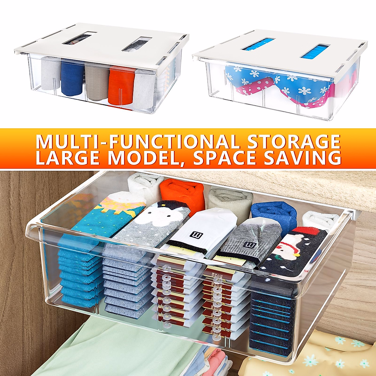 3 Pack Under Desk Drawer Organizer, Slide Out Desk Drawer, Clear Plastic Drawer Under Desk for Office, School, Home, Hidden Desktop Organizer Pen Holder for Desk Self-Adhesive (Clear, 3 Size)