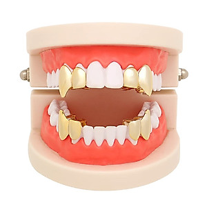 Huliyhus 2 Pcs 18K Gold Plated Double Tooth Cap Hip Hop Teeth Grillz Vampire Fangs Grills Set for Men Women Party Accessories Teeth Grills (01, Gold), Gold, Silver, Rose Gold, Black, One Size
