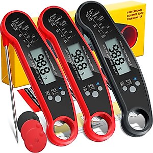 Leelosp 3 Pcs Digital Meat Thermometer with Probe Waterproof Fast Read Food Thermometer Kitchen Grilling Cooking Thermometer with Backlight Magnet and Calibration for Baking BBQ Outdoor, Red and Black