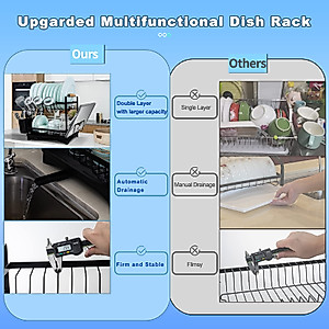 huspossesser Dish Drying Rack with Drainboard, 2 Tier Small Dish Rack, Dish Racks for Kitchen Counter, Stainless Steel Dish Drainer with Utensil Holder, Cup Rack and Cutlery Holder, Black