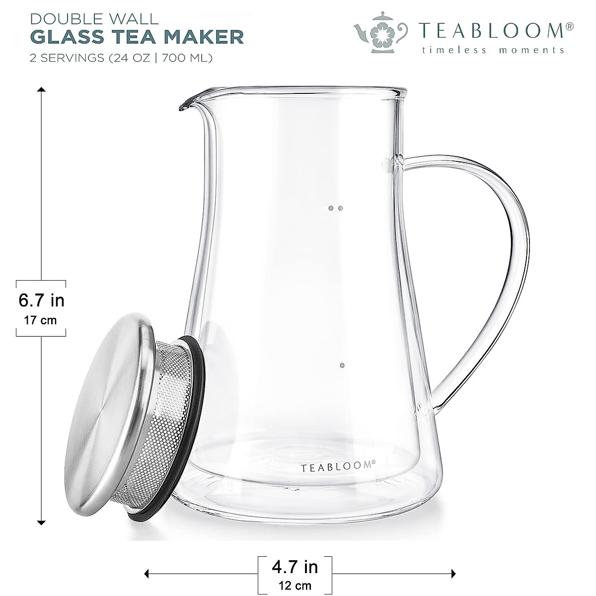 Teabloom Insulated Teapot – Tea Maker For Two (24 oz / 2 Mugs) – Double Wall Glass Tea Steeper with Stainless Steel Filter Lid for Loose Leaf Tea – Milano Collection