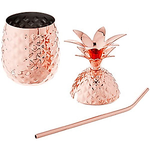 Oggi Stainless Steel Pineapple Cup with Straw & Lid- 12oz Copper Plated Metal Pineapple, Bar Accessories for Summer, Cocktail Cups Make Great Drinking Gifts