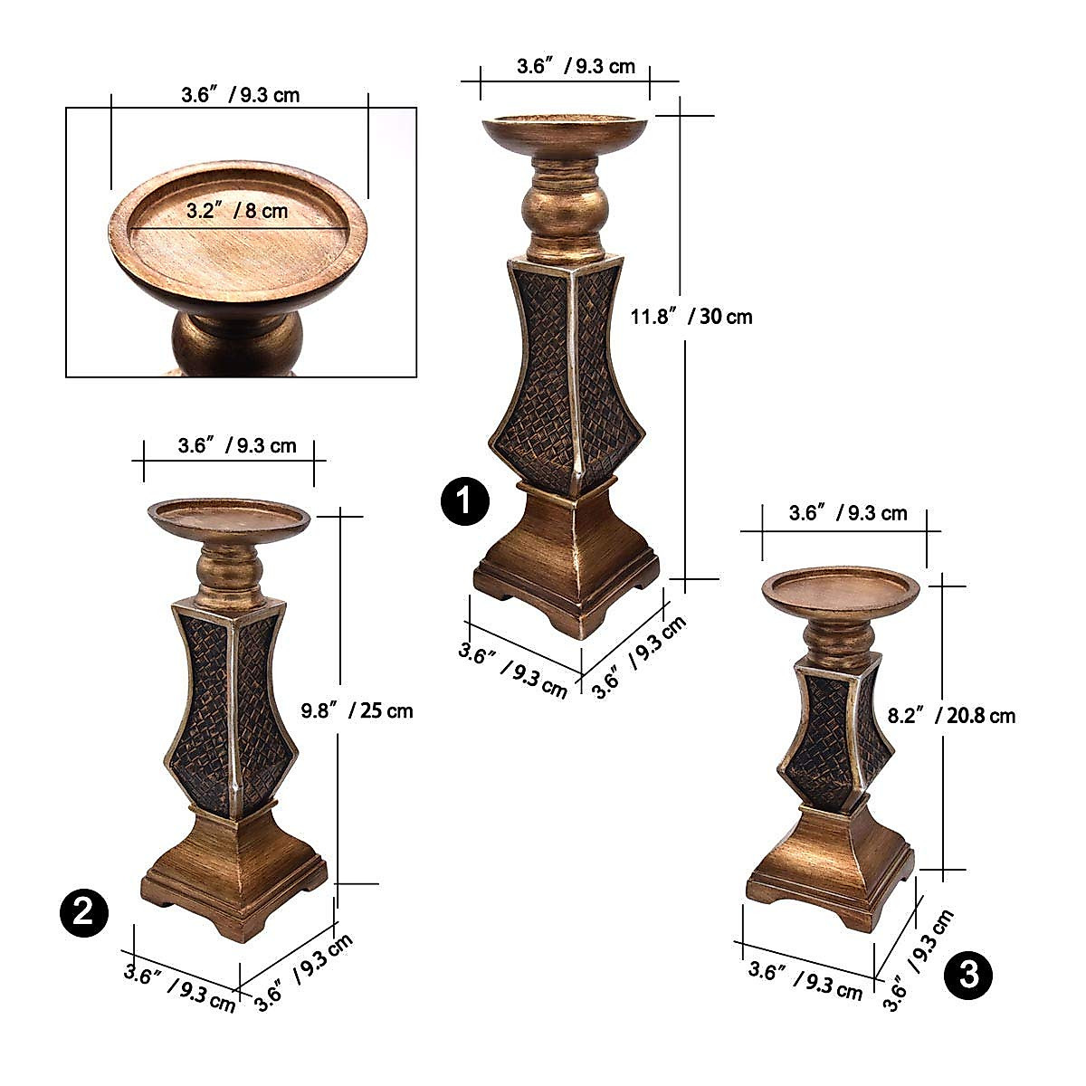 QUABUY Resin Candle Holders (Set of 3) Small 8", Medium 10", Large 12" (H). Ideal for Home Decorations for Living Room, Dining Room Table, Weldings, Parties, Special Events ( Gold )