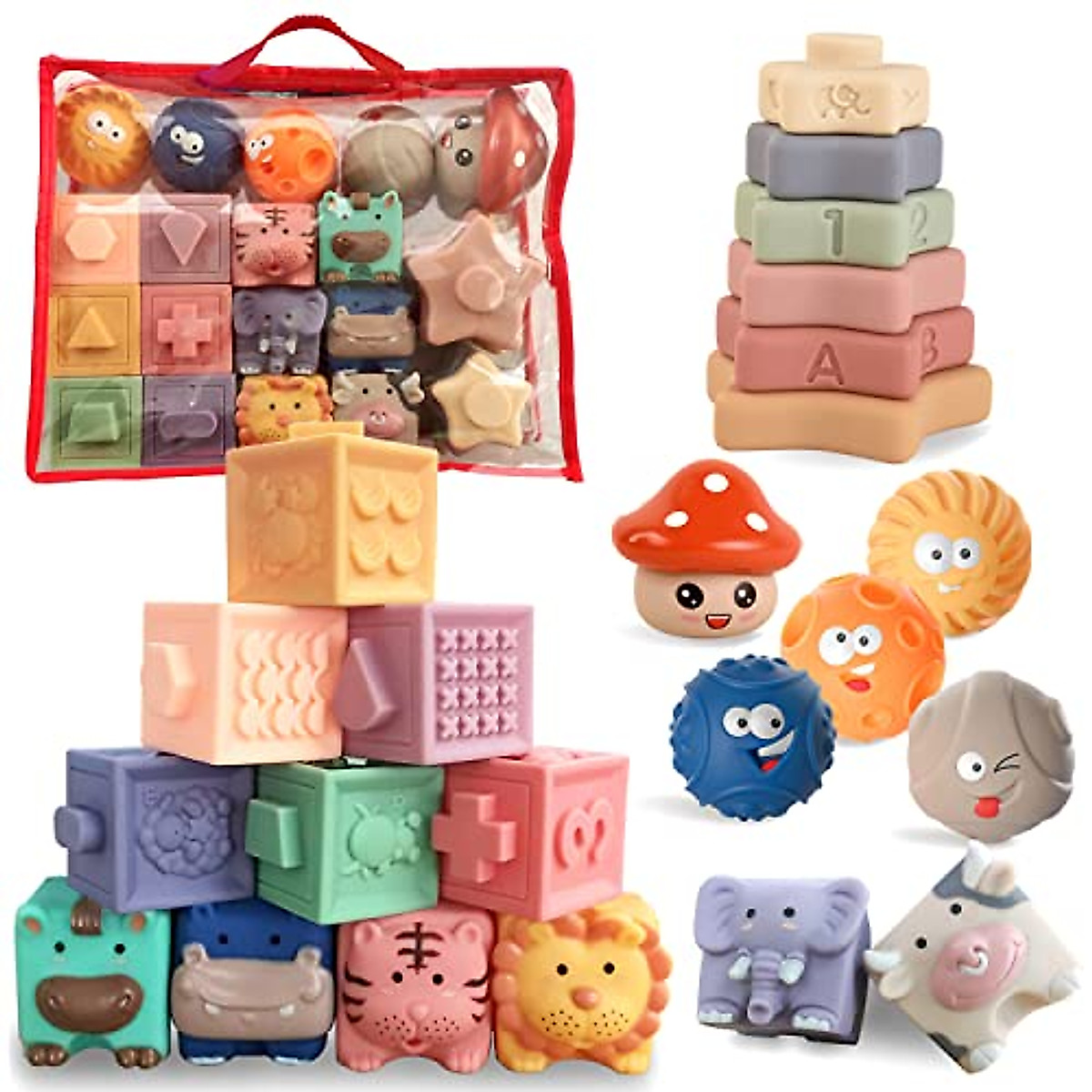 Oueyes Montessori Toys for Babies 6-12 Months Baby Toys 4 in 1 Baby Blocks Soft Stacking Building Blocks Rings Balls Sets Baby Sensory Toys 6-12 Months Infants Teething Toys
