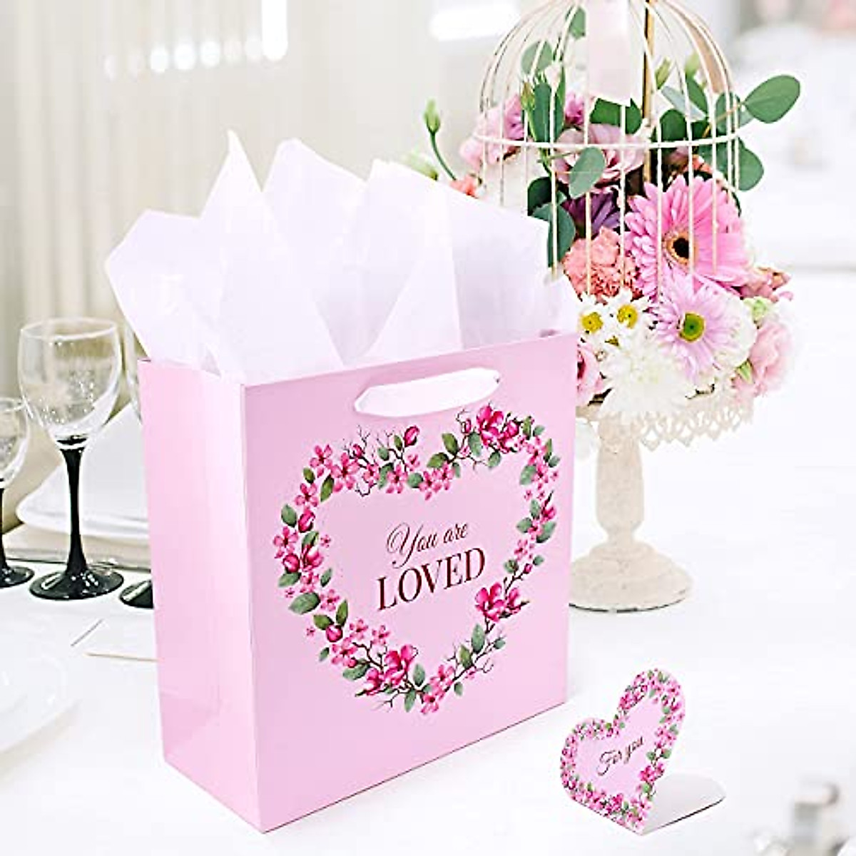 Gift Bag Set You are loved, Medium 9.4" Gift Bag With Tissue Paper, Romantic Card, And Ribbon Handles (Pink, Floral Heart, Love), Valentine's Day, Mothers Day