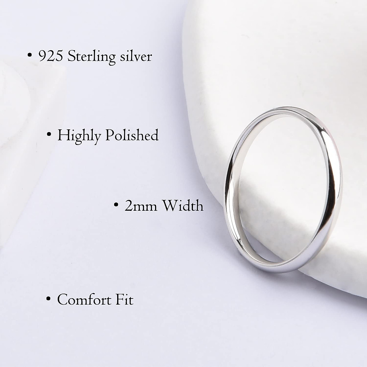 CANDYFANCY 2mm Sterling Silver Wedding Band Ring for Women Polish Plain Dome Comfort Fit Classic Minimalist Pinky Ring Size 4.5