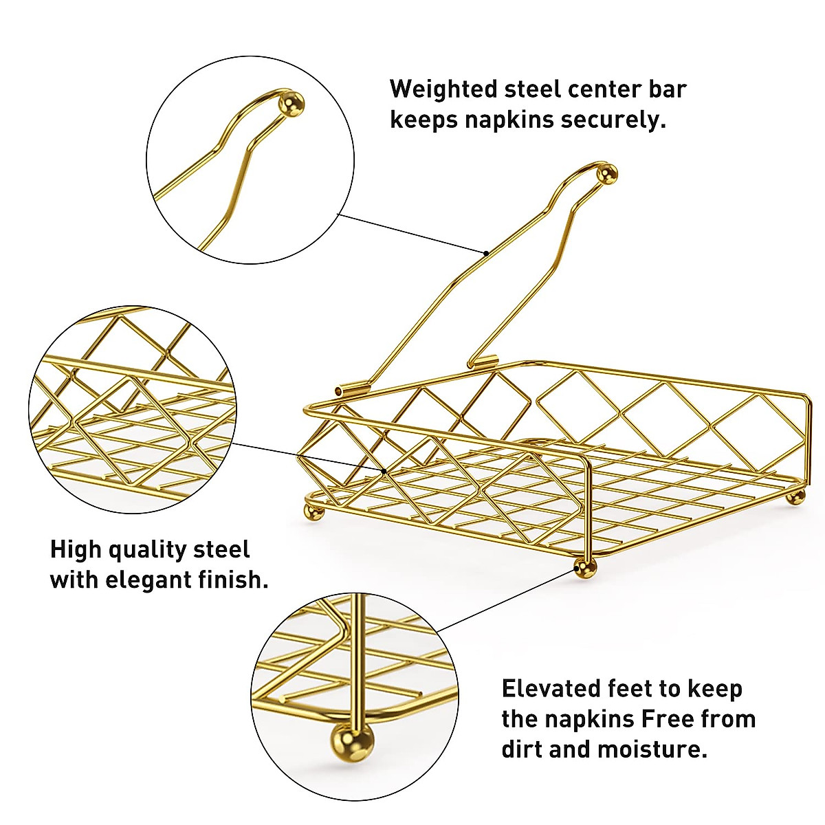 Lxmons Modern Napkin Holder for Tables, Horizontal Tissue Dispenser for Kitchen Countertop, Dining or Picnic Table Décor, Metal Paper Napkin Organizer for Restaurant, Flat Cocktail Napkin Caddy, Gold