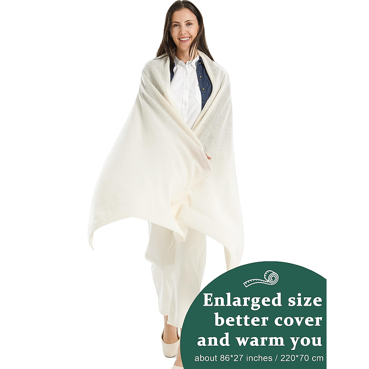 VIKIDEER 100% Cashmere Scarf Knitted Wrap Shawl Extra Large Long Scarf Stole for Women Wayfarer Travel White