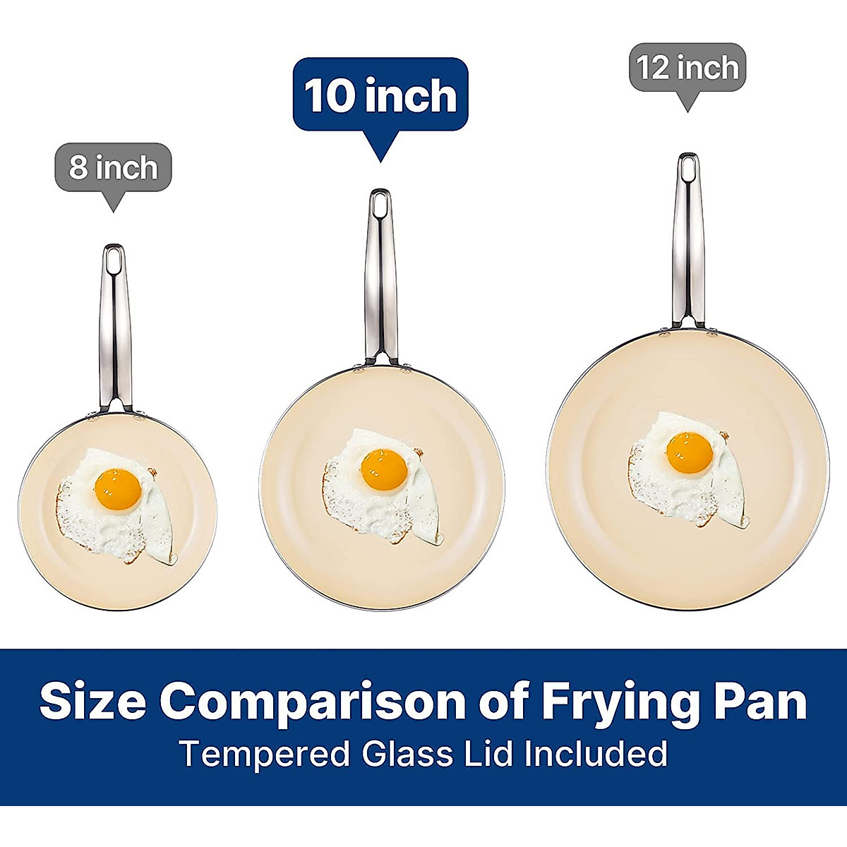 Qstar 10 inch Ceramic Nonstick Frying Saute Pan in Sapphire Blue with Lid and Stainless Steel Handle