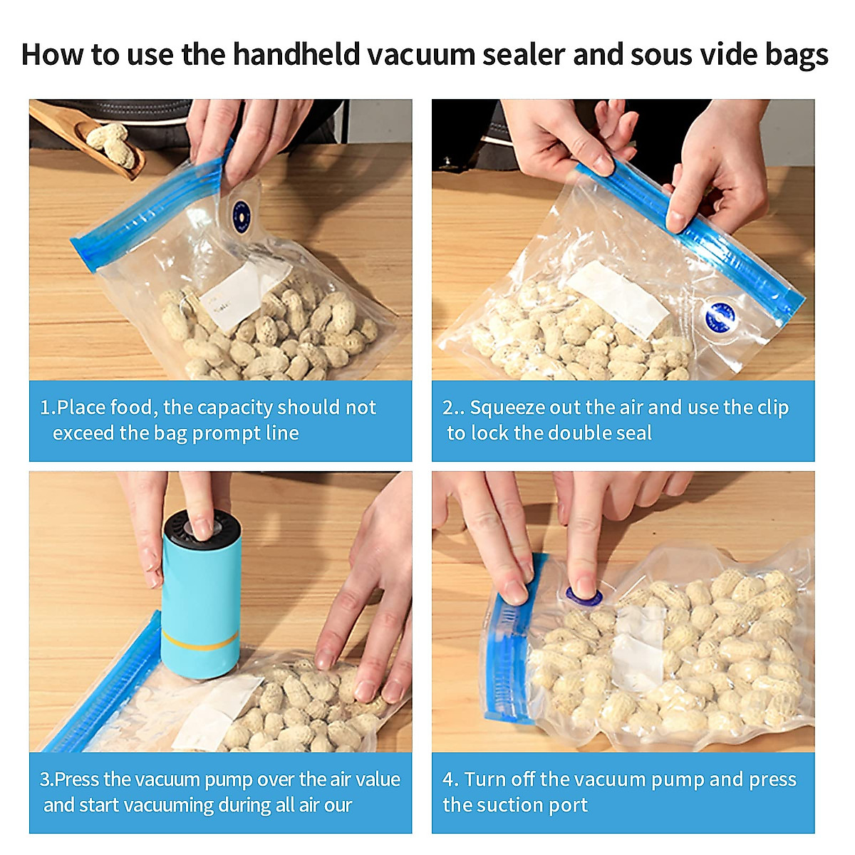 Sous Vide Bag & Handheld Vacuum Sealer, Portable Mini Vacuum Sealer with 10 PCS Reusable Food Storage Zipper Sous Vide Bags for Anova,Joule Cookers, Rechargeable Small Electric Vacuum Sealer Pump Set