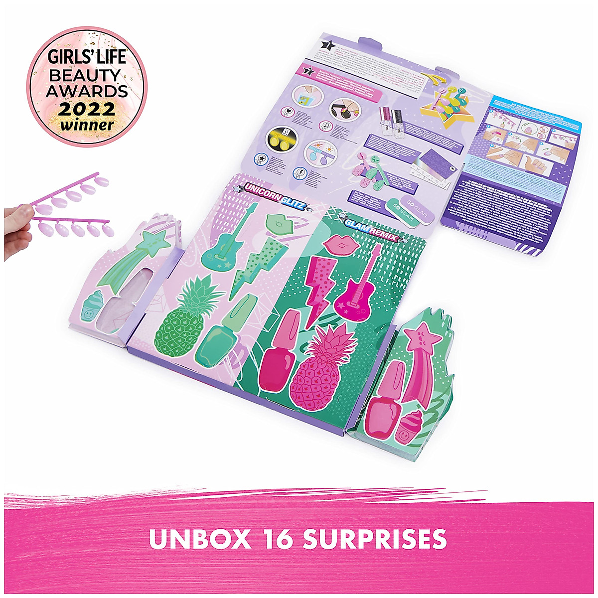 Cool Maker, GO Glam Nail Surprise Shimmer Exclusive Manicure Set with 2 Press on Nails Styles and More, Nail Kit Kids Toys for Ages 8 and up