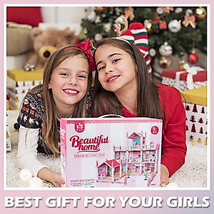 deAO Doll House Dollhouse - 3 Story 9 Rooms Pink DIY Pretend Play Building Playset, Dollhouse Asseccories and Furniture,Gift for 6 7 8 9 Girls Toddler