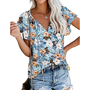 SimpleFun Hawaiian Shirts for Women Summer Casual Flowy Short Sleeve Boho Floral Blouses (Floral10,L)