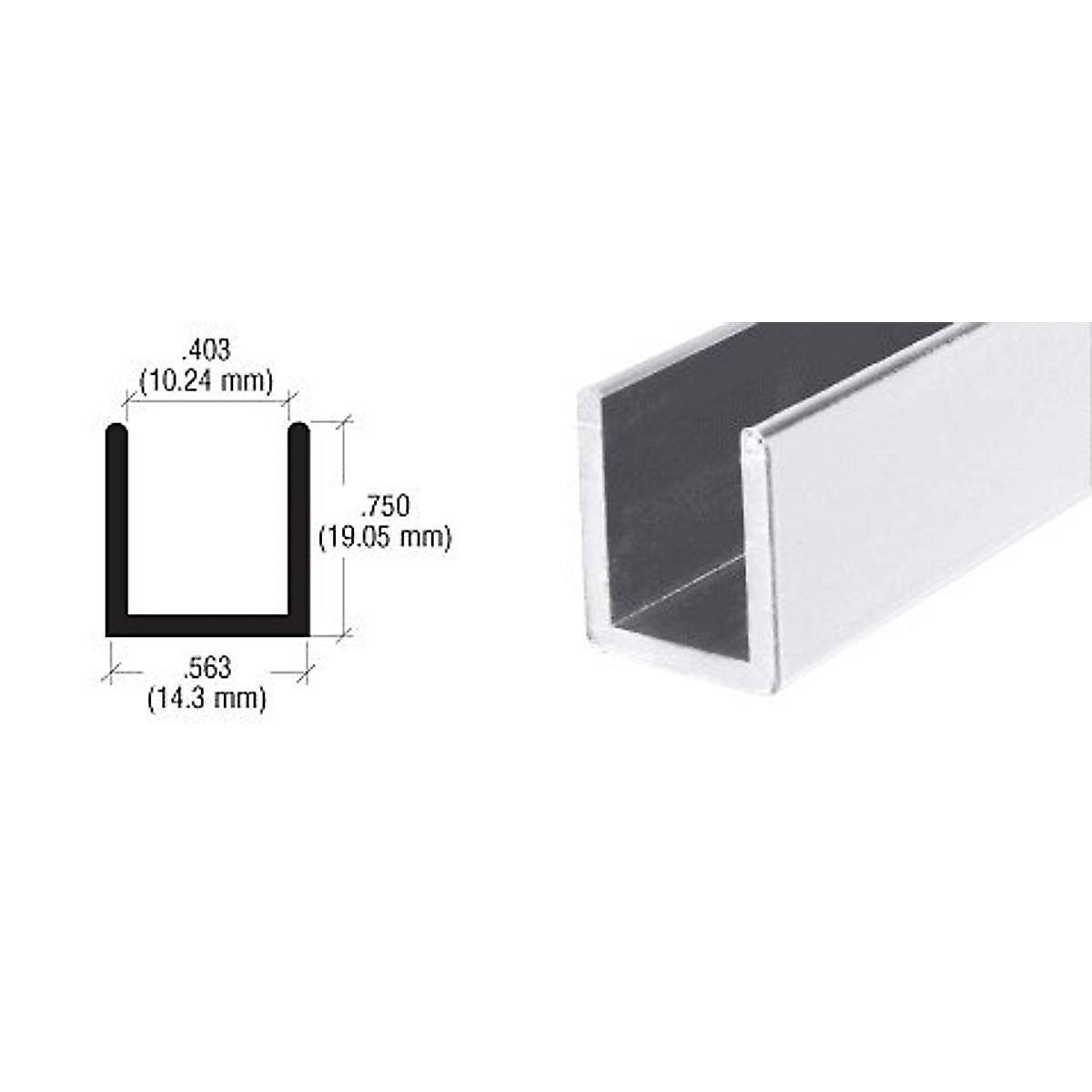 CRL Bright Anodized Frameless Shower Door Aluminum Deep U-Channel for 3/8" Thick Glass - 95 in long