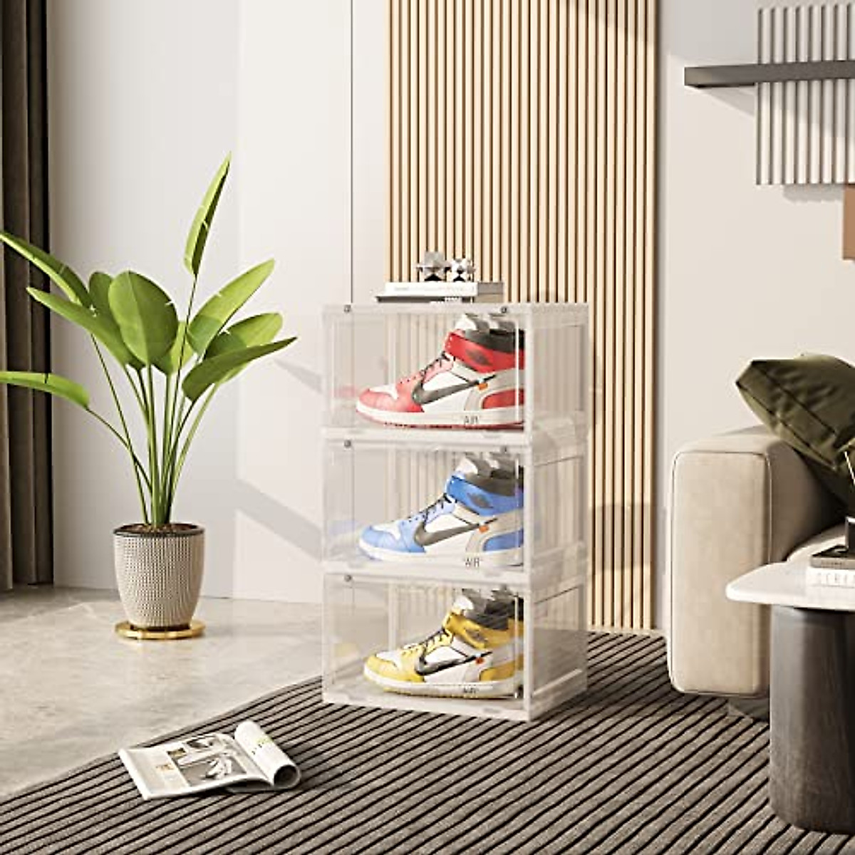 C&AHOME Clear Shoe Box, Clear Shoe Box Storage, Set of 3, Large Size Plastic Shoe Box with Magnetic Door, Shoe Organizer, Box Stackable for Display Sneakers, Fit Up to US Size 14'' Clear UCSBP03C