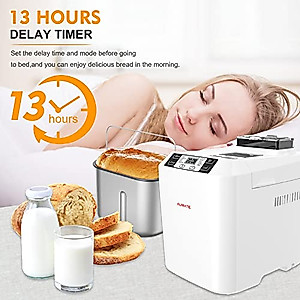 Bread Machine,AUMATE 2LB Bread Maker,with 12 Presets,Gluten-Free Setting,Auto Fruit Nut Dispenser & Nonstick Pan,2 Loaf Sizes,13H Reserve & 1H Keep Warm (Milky White)