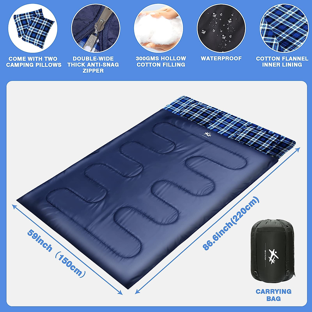 BESTEAM Double Sleeping Bag Flannel for Adults Kids, Queen Size for 2 Person with 2 Pillows, Warm & Cold Weather Sleeping Bag for Camping, Hiking, Waterproof Lightweight with Compression Sack