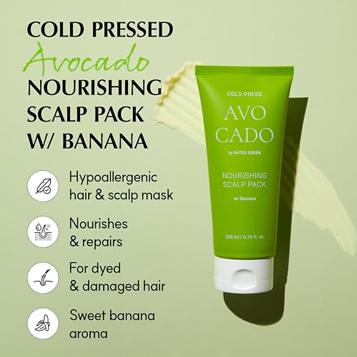 RATED GREEN Cold Brew Avocado Nourishing Scalp Pack with Banana - Korean Hair Conditioning Mask - Deep Hydrating Treatment for Dry Damaged Hair (6.76 Fl. Oz)