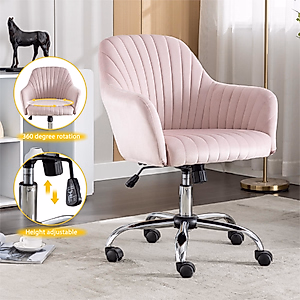 GEAIMQX Pink Velvet Vanity Desk Chair with Back and Wheels, Cute Makeup Chair for Vanity, Modern Swivel Rolling Chair for Bedroom Home Office Makeup Room, Adjustable High Silver Legs (Pink)