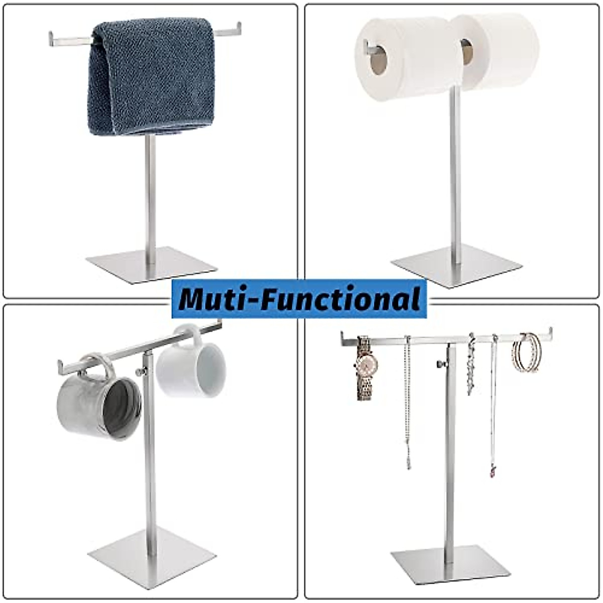 JUXYES Stainless Steel Towel Rack T-Shape Hand Towel Holder Stand, Height Adjustable Hand Towel Holder Rack for Bathroom Vanity Countertop, Brushed Finish