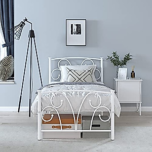 Elephance Twin Bed Frame with Headboard, Metal Platform Bed Frame with 12 Inch Storage Space No Box Spring Needed (White)