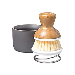 Full Circle Bubble Up Ceramic Dispenser & Bamboo Handle Brush – Replaceable Kitchen Dish Scrubber with Soap Holder, Gray, Dispenser, Grey/White