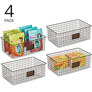 mDesign Metal Wire Storage Organizer Bin Baskets with Label Slot for Kitchen Pantry and Shelves - Wired Organization Holder for Food, Chips, Drinks, Omaha Collection, 4 Pack, Bronze
