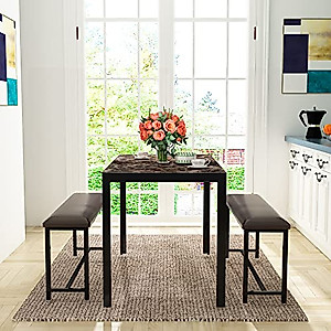 AWQM Dining Table Set 4, Metal Frame and Faux Marble Table Top, Modern 3 Piece Kitchen Table Set with 2 PU Leather Upholstered Bench for Apartment, Space-Saving Furniture, Brown