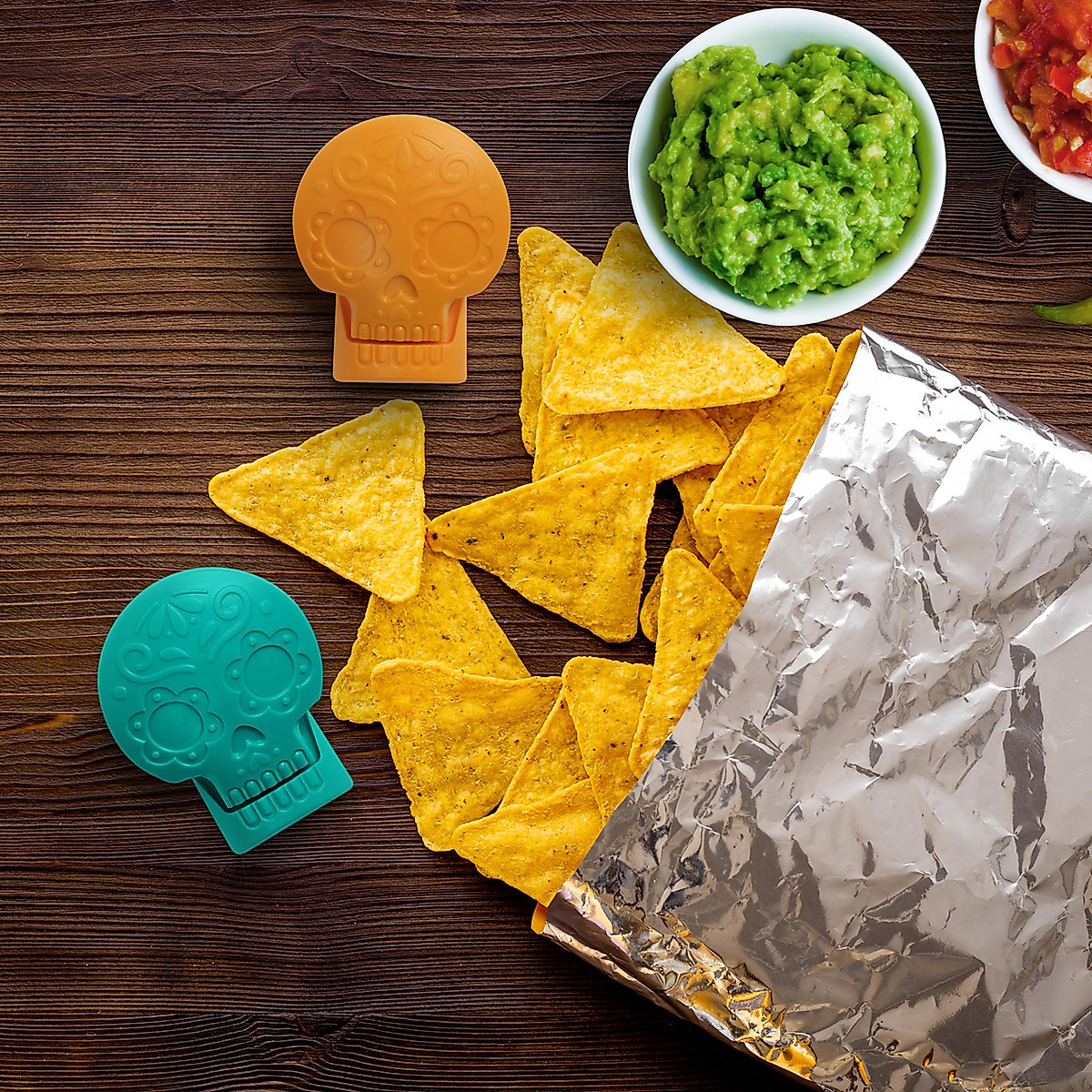 Genuine Fred SNACK SPIRITS Bag Clips, Set of 4, Molded Day of the Dead skull design, Dio de los Muertos, Colorful Calaveras, Bag Clips for food storage