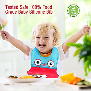 HAHA Baby Silicone Bibs for Girls Boys Eating Feeding Toddler Waterproof Roll-Up Bib with Food Catcher Unisex Infant Bibs for Babies, 2 Pack (Red&Beige/Blue&Red)
