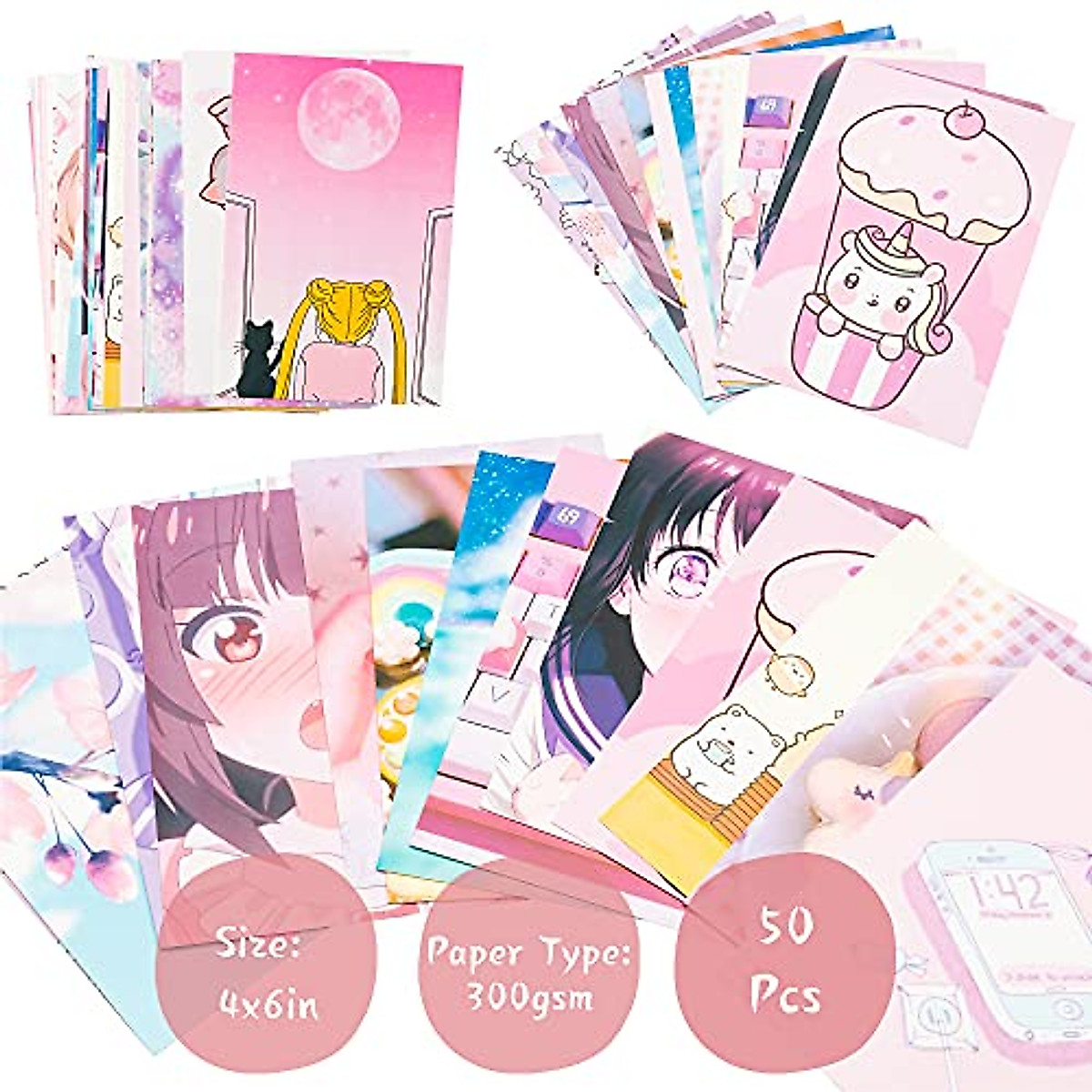 50Pcs Kawai Anime Aesthetic Picture Wall Collage Kit, Pink Cartoon Assembled Print Card Set, Back to School Dorm Photo Poster Display Trendy Style, Sweet Room Decor Cute Collage Kit For Teens Girls Gifts