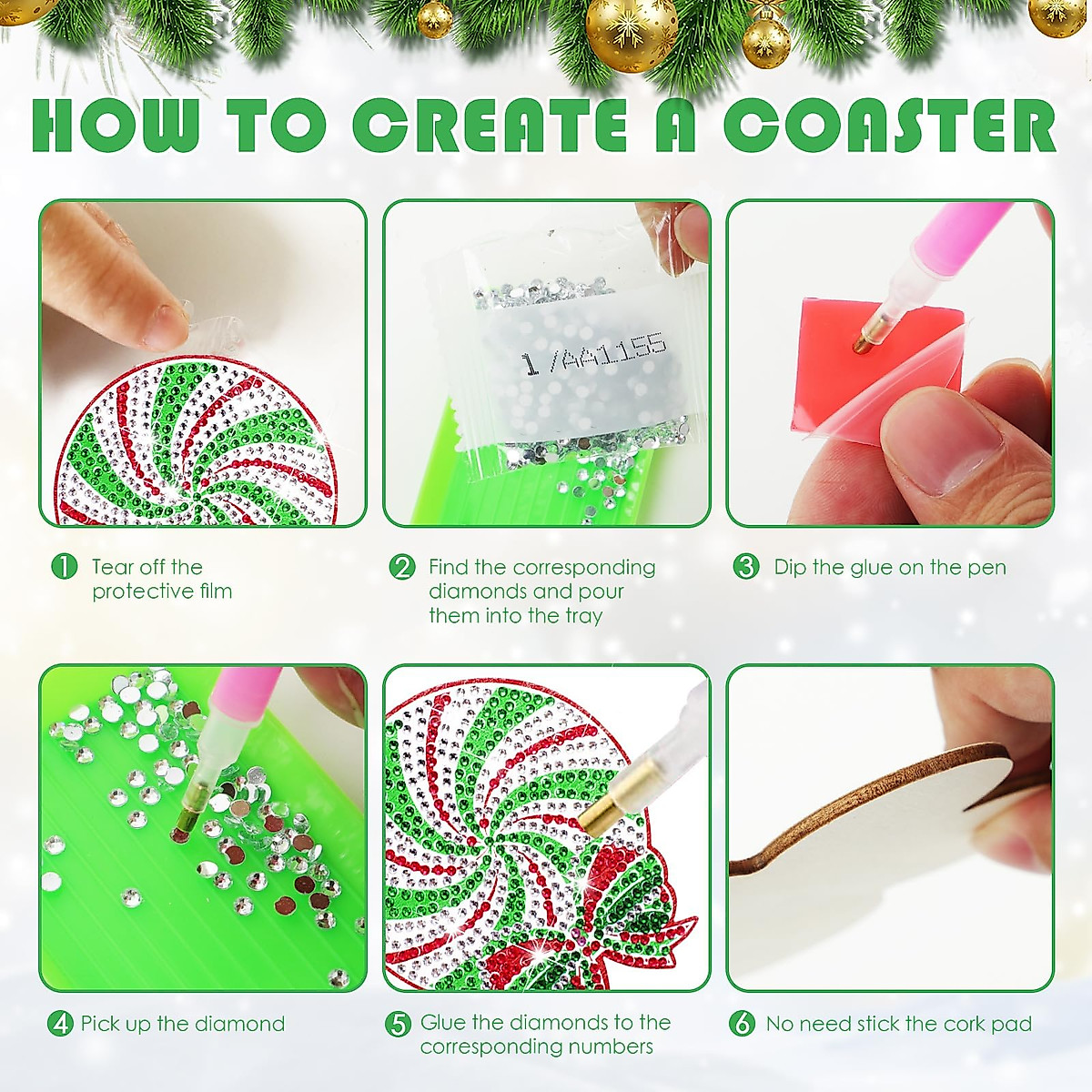 YLOLUL 10 Pcs Christmas Candy Diamond Art Coasters Kits DIY Candy Diamond Art Coasters with Holder for Beginners Adults and Kids Art Craft Supplies Gift