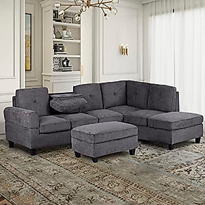 UBGO Furniture Sets,Living Room Sectional Sofa,L Shaped Storage Ottoman, Upholstered Sofá with 2 Cup Holder,Couch Longue for Indoor Home Apartment Office, Grey Left Chaise
