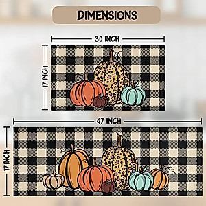 Xsinufn Fall Kitchen Rugs and Mats Set of 2, Autumn Thanksgiving Farmhouse Floor Rug Non-Slip Absorbent Washable, Fall Kitchen Decor Buffalo Plaid Pumpkins Rug - 17x30 and 17x47 Inch
